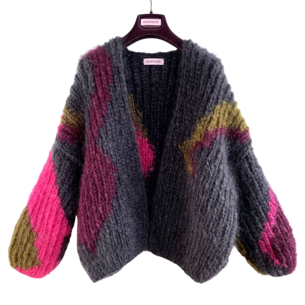 Chunky gebreide mohair cardigan in asgrijs met camo-print in fuchsia ...
