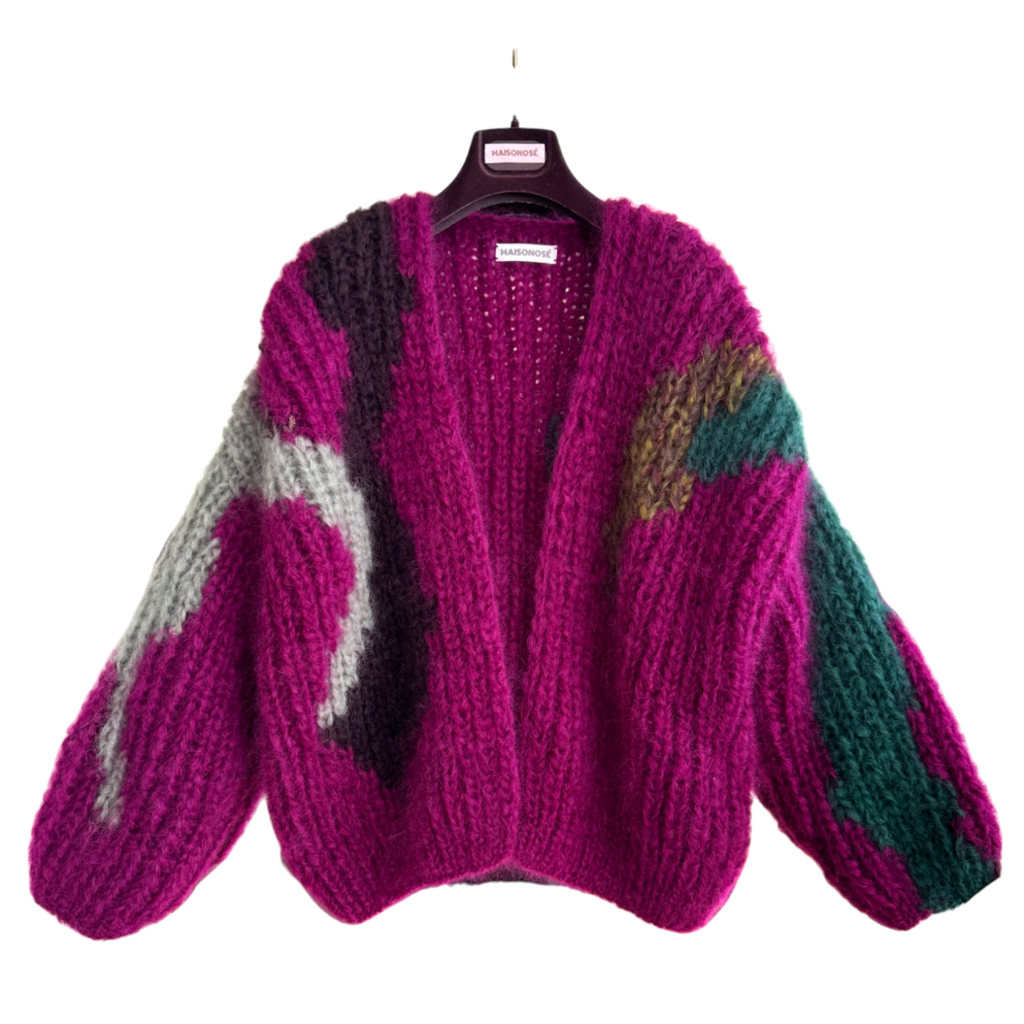 Chunky gebreide mohair cardigan in cyclaam met camo-print in burgundy ...